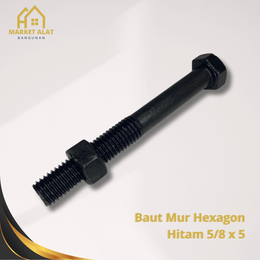 Jual Baut Mur Hexagon 5/8 x 5 UNC Baja Hitam Kunci 24 / Full Set Baut Hex Besi Hitam Drat Kasar ...