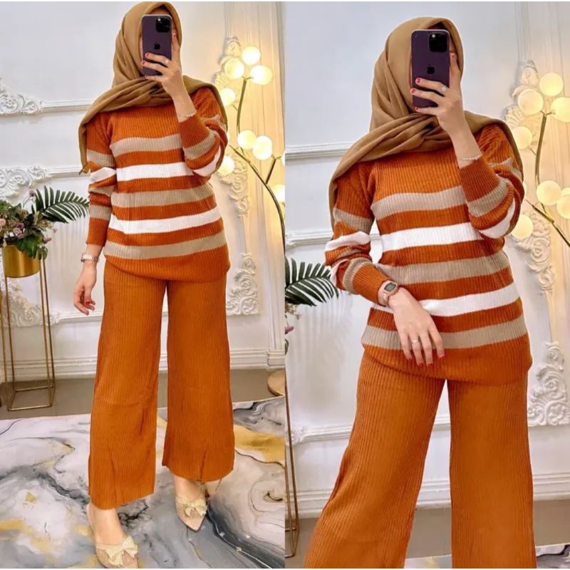 Jual Set Rajut Rara/ Set rajut garis garis / Setelan Rajut wanita Premiun Motif Salur Terbaru ...