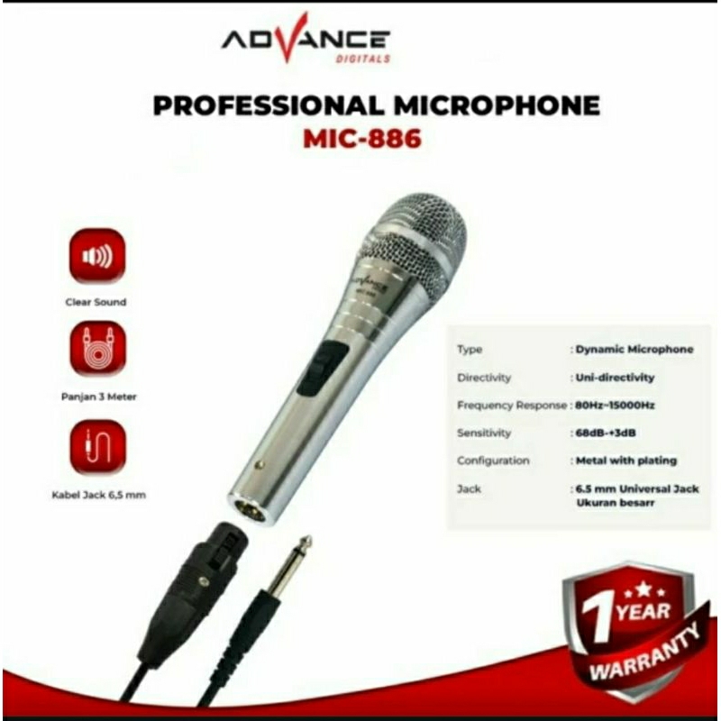 Jual Advance MIC-886 Professional Dynamic Microphone Mik Karaoke Kabel ...