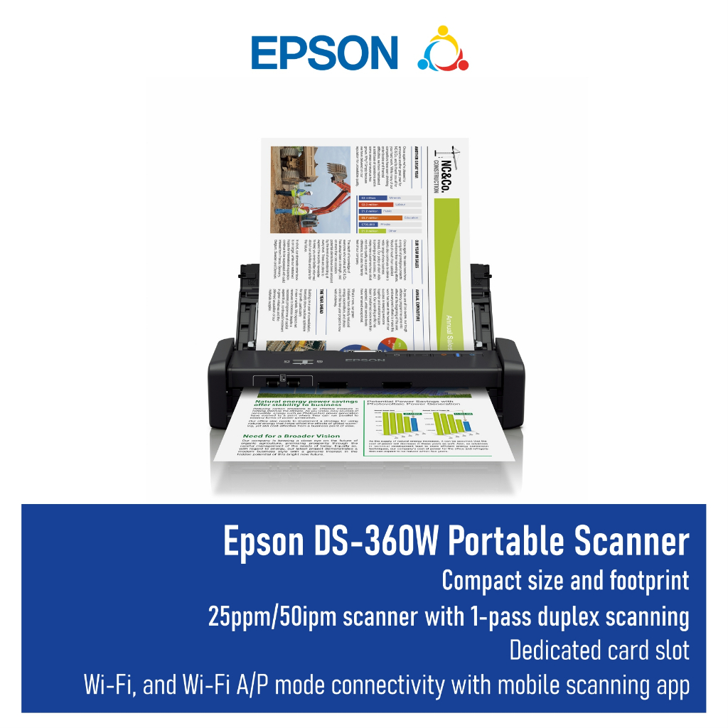 Jual Scanner Epson WorkForce DS-360W ( Wi-Fi Portable Sheet-fed ...