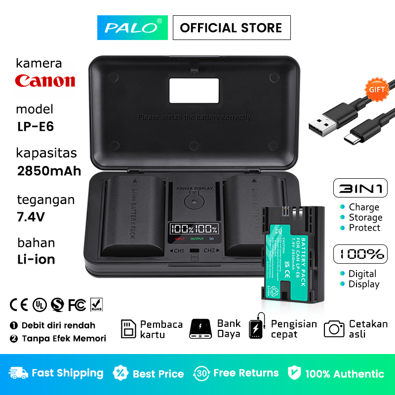 Jual PALO LP E6 Canon LP E6 E6NH LP-E6 E6n E6P Baterai Kamera + Pengisi daya multifungsi For ...