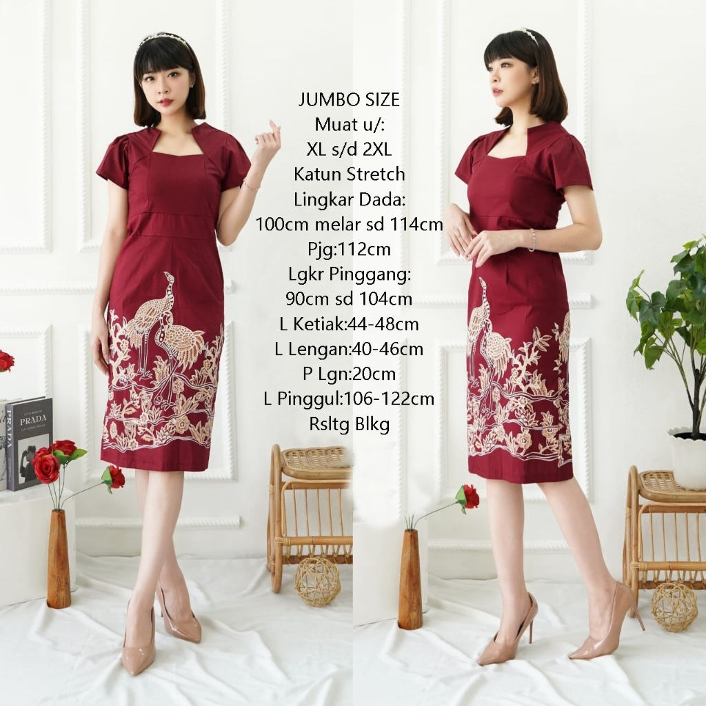 Jual Big size Midi Batik Dress Batik Wanita jumbo Baju Terusan Bodycon Modern Formal Casual ...