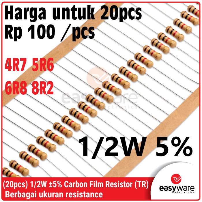 Jual 20x Carbon Film Resistor 1/2W 5% 4R7 5R6 6R8 8R2 | Shopee Indonesia