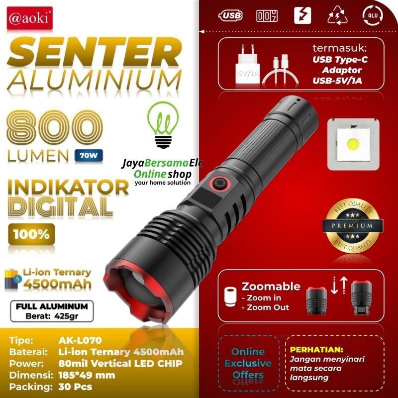 Jual SENTER SUPER TERANG Rechargeable ALUMINUM LASER 70W 90W AK - L090 L070 AOKI | Shopee Indonesia