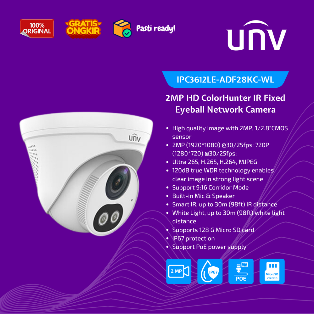 Jual UNV IPC3612LE-ADF28KC-WL Uniview 2MP HD ColorHunter IR Fixed Eyeball Network Camera ...