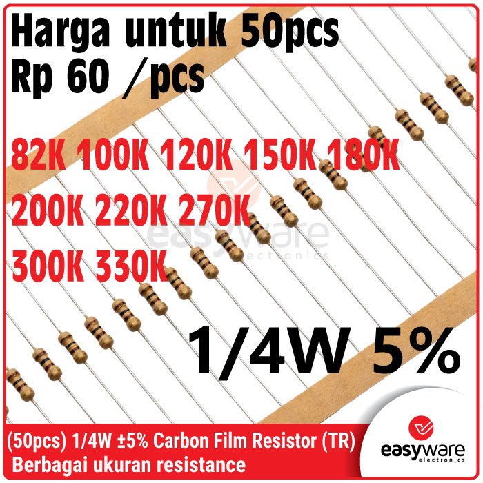 Jual 50x Carbon Film Resistor 1/4W 5% 0.25W 82K 100K 120K 150K 180K ...