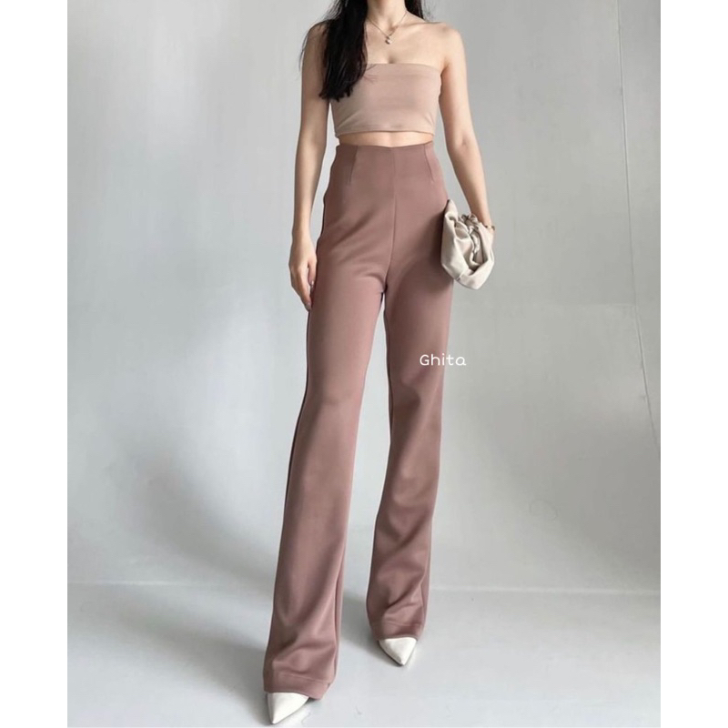 Jual Celana Highwaist Flare Pants Celana Panjang Wanita Cutbray Kain ...