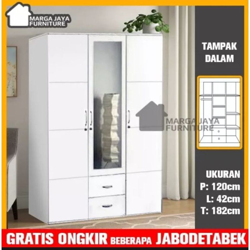 Jual TERLARIS TERBARU Lemari Pakaian Baju 3 Pintu Putih Minimalis ...