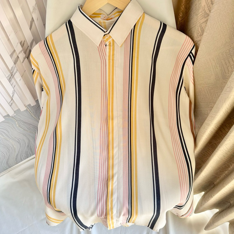 Jual Pattern Shirt / Oversized Pattern Shirt / Stripes Yellow-Pink ...