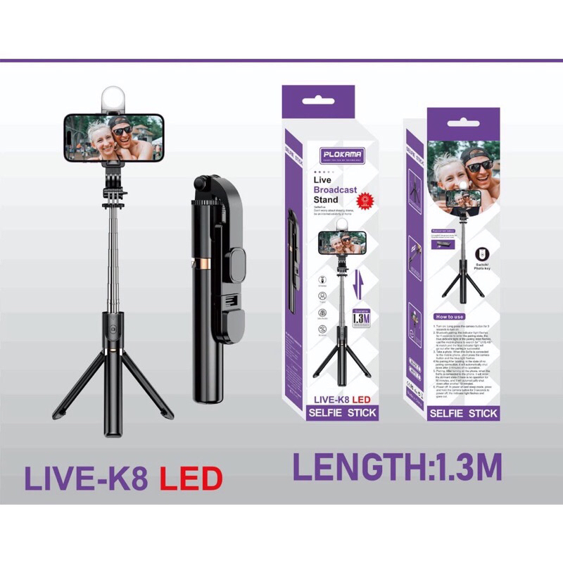Jual Tongsis bluetooth K8 1.3M tripod remote LED tongsis wireless 130cm | Shopee Indonesia