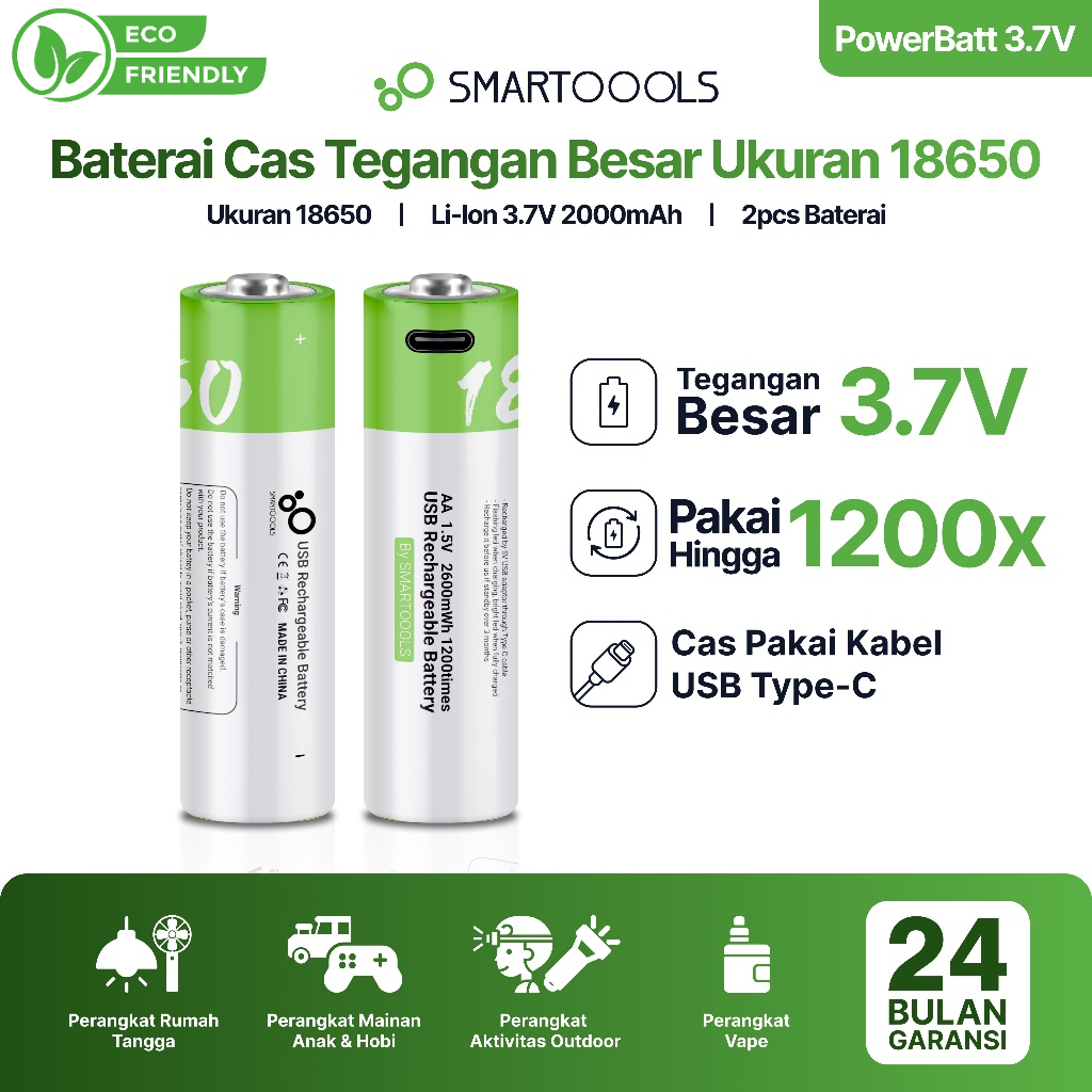 Jual Baterai Cas Isi Ulang 18650 Smartools Powerbatt 2pcs 3.7V Type-C ...