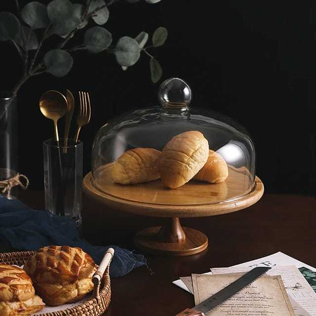 Jual Wood Cake stand Display with glass cover Tempat kue dengan tutup ...