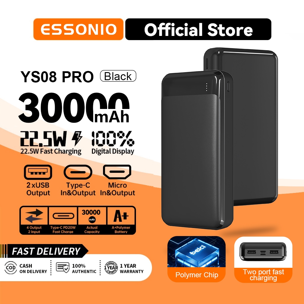 Jual ESSONIO PowerBank 30000mah YS08 PRO Dual Input and Output Port Type C & Micro USB Original ...