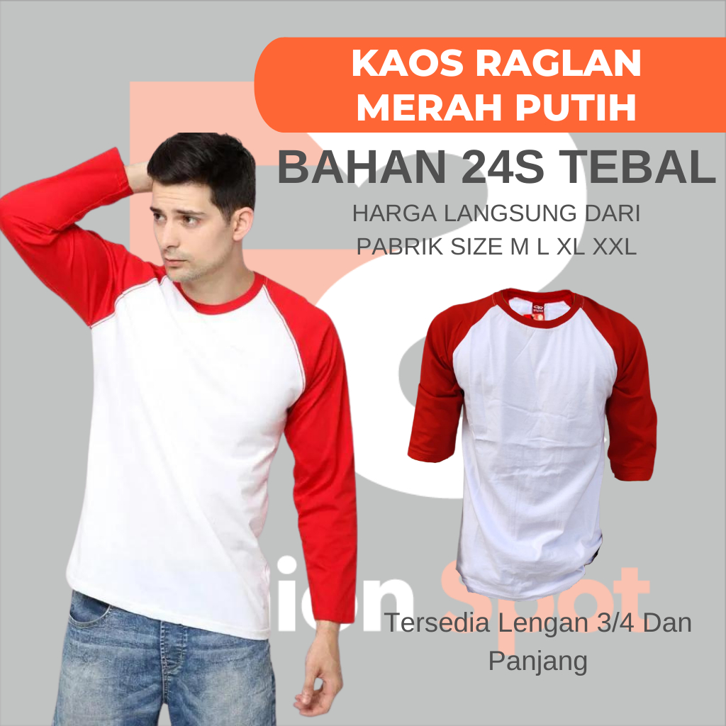 Jual [Tebal] Kaos Raglan Merah Putih Lengan 3/4 Panjang Bahan Semi-Cotton 24s Kaos Kemerdekaan ...