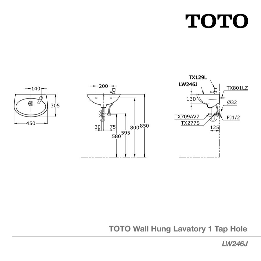 Jual TOTO Wall Hung Lavatory 1 Tap Hole / Wastafel LW246J | Shopee ...