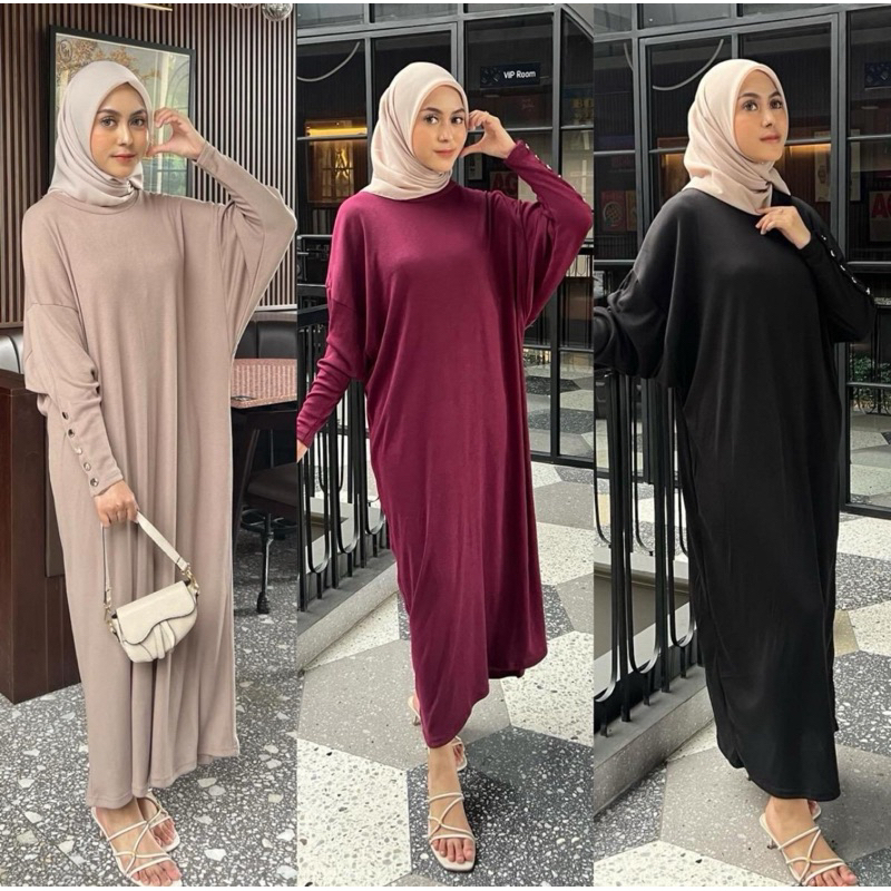 Jual Inara Dress Batwing Kancing Bahan Knit - Gamis Jumbo Murah | Shopee Indonesia