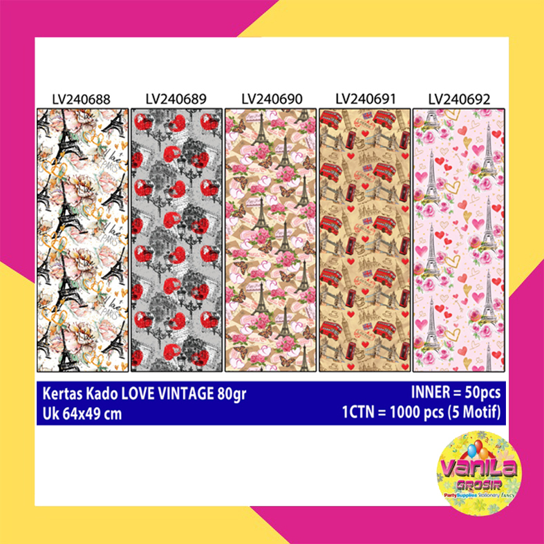 Jual Kertas Kado LOVE PARIS, kertas kado vintage, love vintage, kertas ...