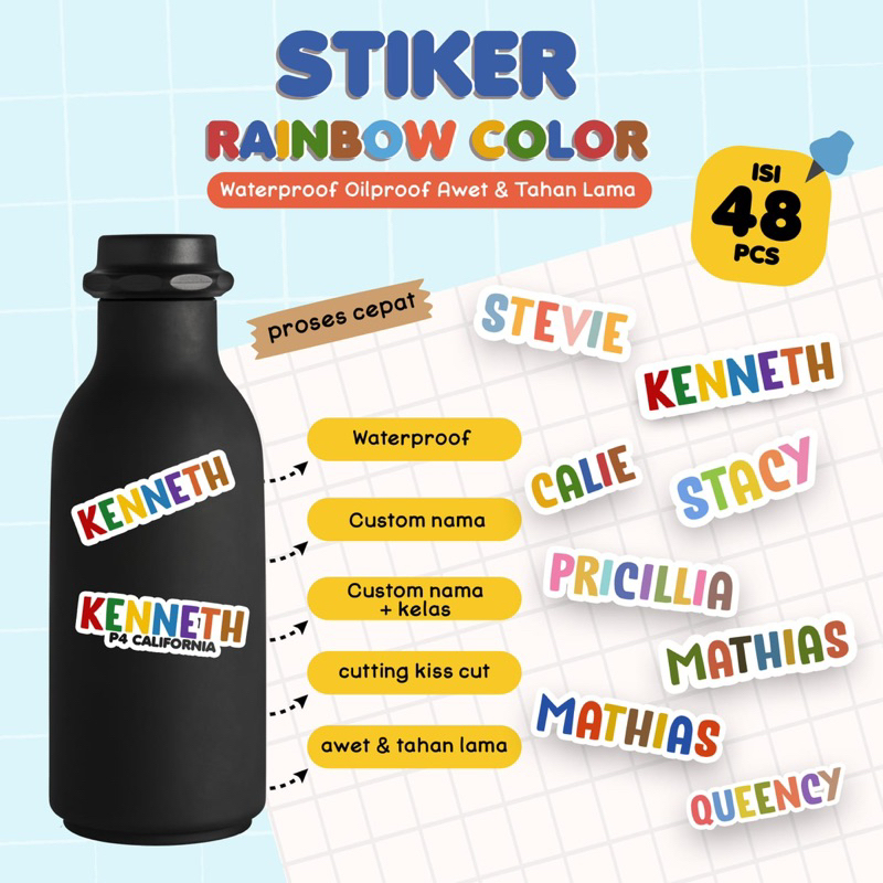 Jual GiantPalace - Stiker Nama Font Rainbow Lucu Stiker Label Nama ...