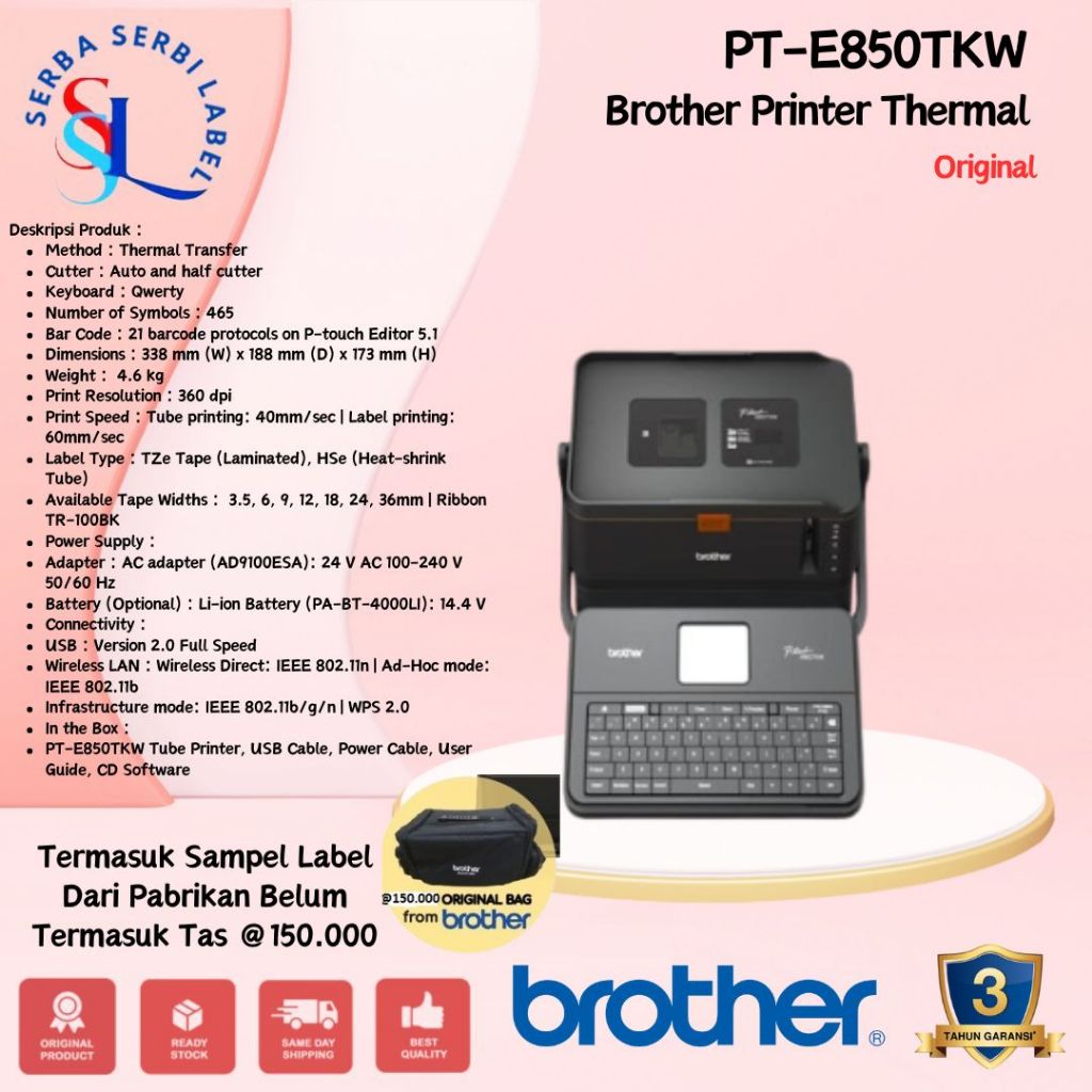 Jual BROTHER PT-E850TKW | PTE850TKW | PTE850 | PT-E850 Printer Tubing with USB Wireless WiFi ...
