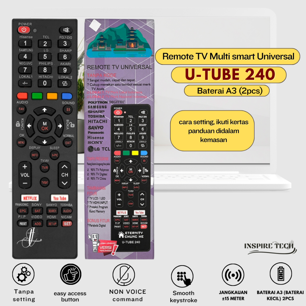 Jual Remote Remot TV Smart Android LED LCD Multi Universal U-TUBE 240 ...