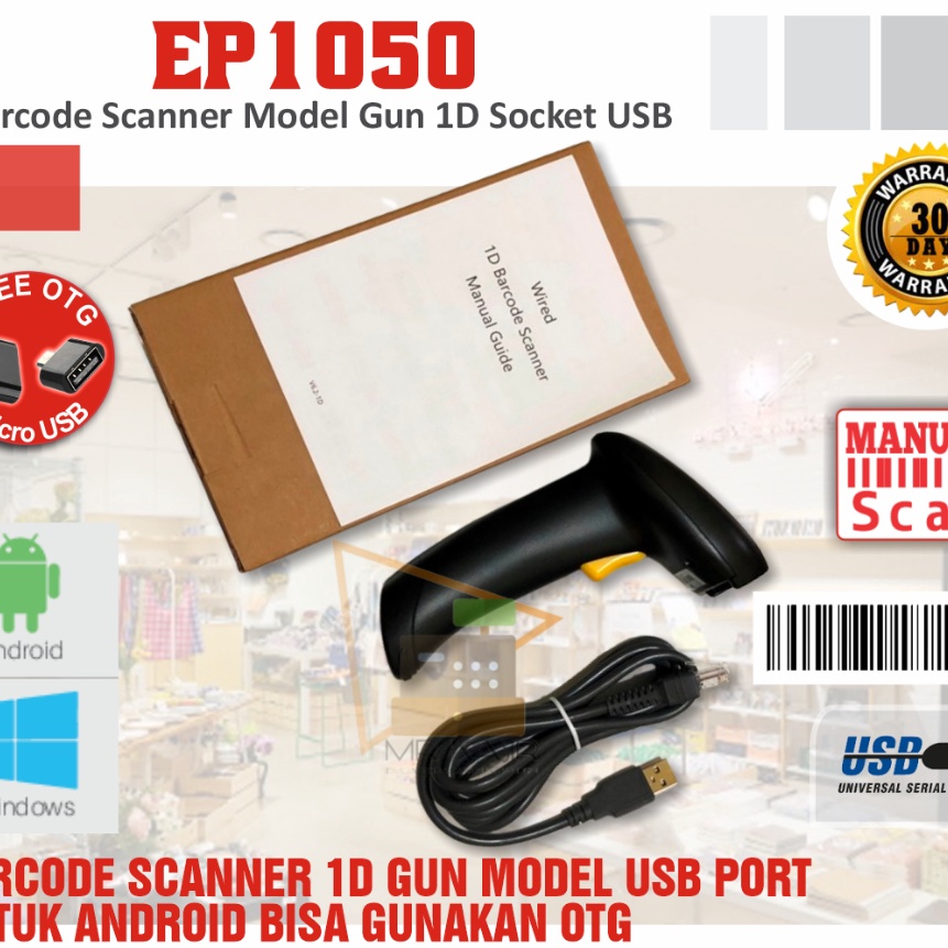 Jual Gila FREE OTG Barcode Scanner EPPOS 1D EP15 USB Manual Scan ...