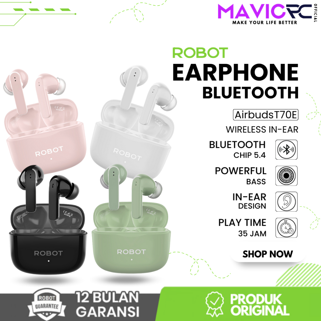 Jual ROBOT Airbuds T70E TWS Earphone Deep Bass Headset Bluetooth 5.4 ...