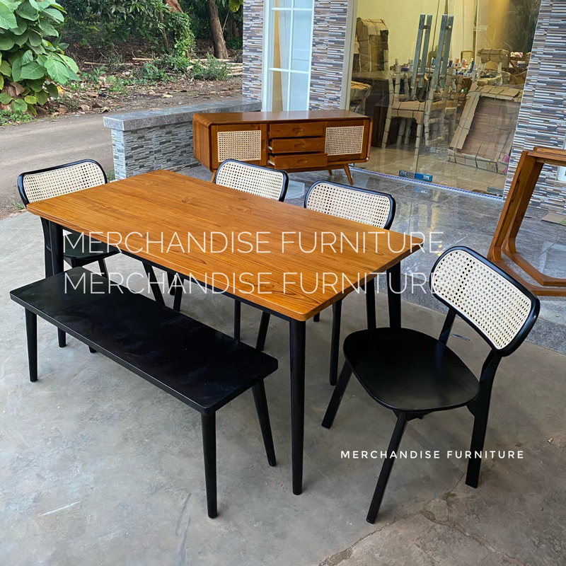 Jual PROMO !!! Satu Set Kursi Makan Kacang Rotan Terbaru - Kursi Cafe Resto - Meja Makan Jati ...