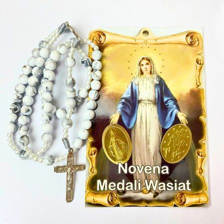 Jual Paket Doa - Kalung Rosario marmer putih dan lembar doa novena medali wasiat Maria dan bahan ...