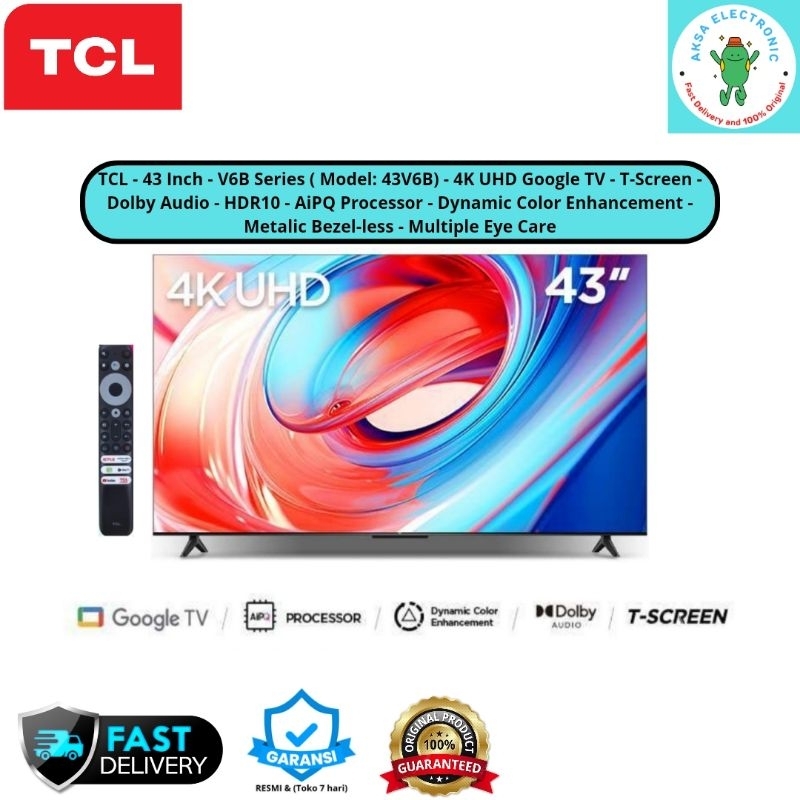 Jual TCL 43V6B LED GOOGLE TV UHD HDR 4K 43INCH NEW 2024 | Shopee Indonesia