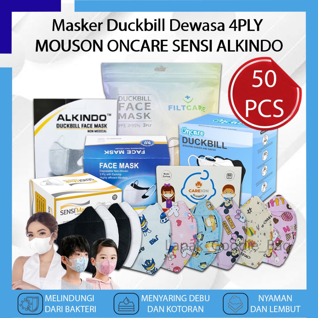 Jual Masker Duckbill 50 PCS MOUSON ONCARE ALKINDO 3 PLY 4 PLY Hitam Putih Abu Mix Warna Warni ...