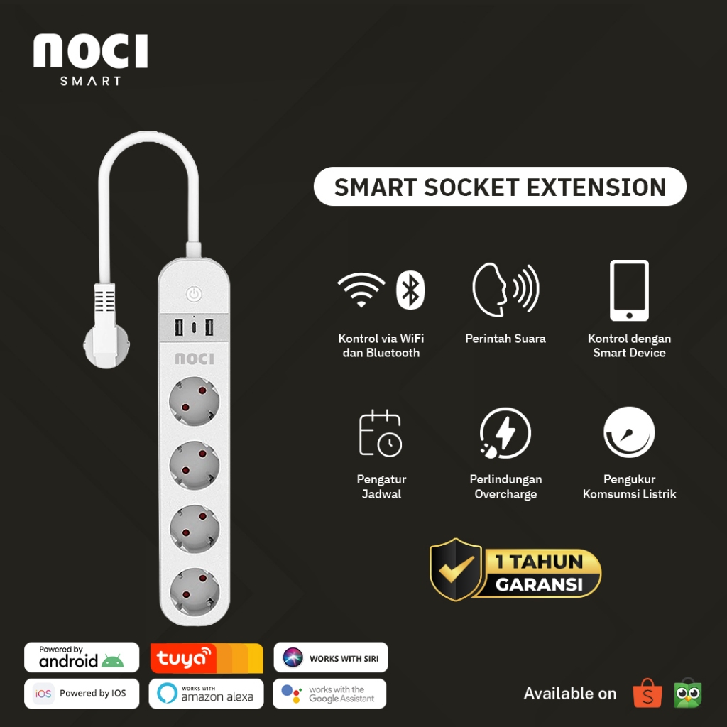 Jual Noci Smart Stop Kontak Colokan Cable Extension 4 Sockets Wireless WiFi + Bluetooth | Shopee ...