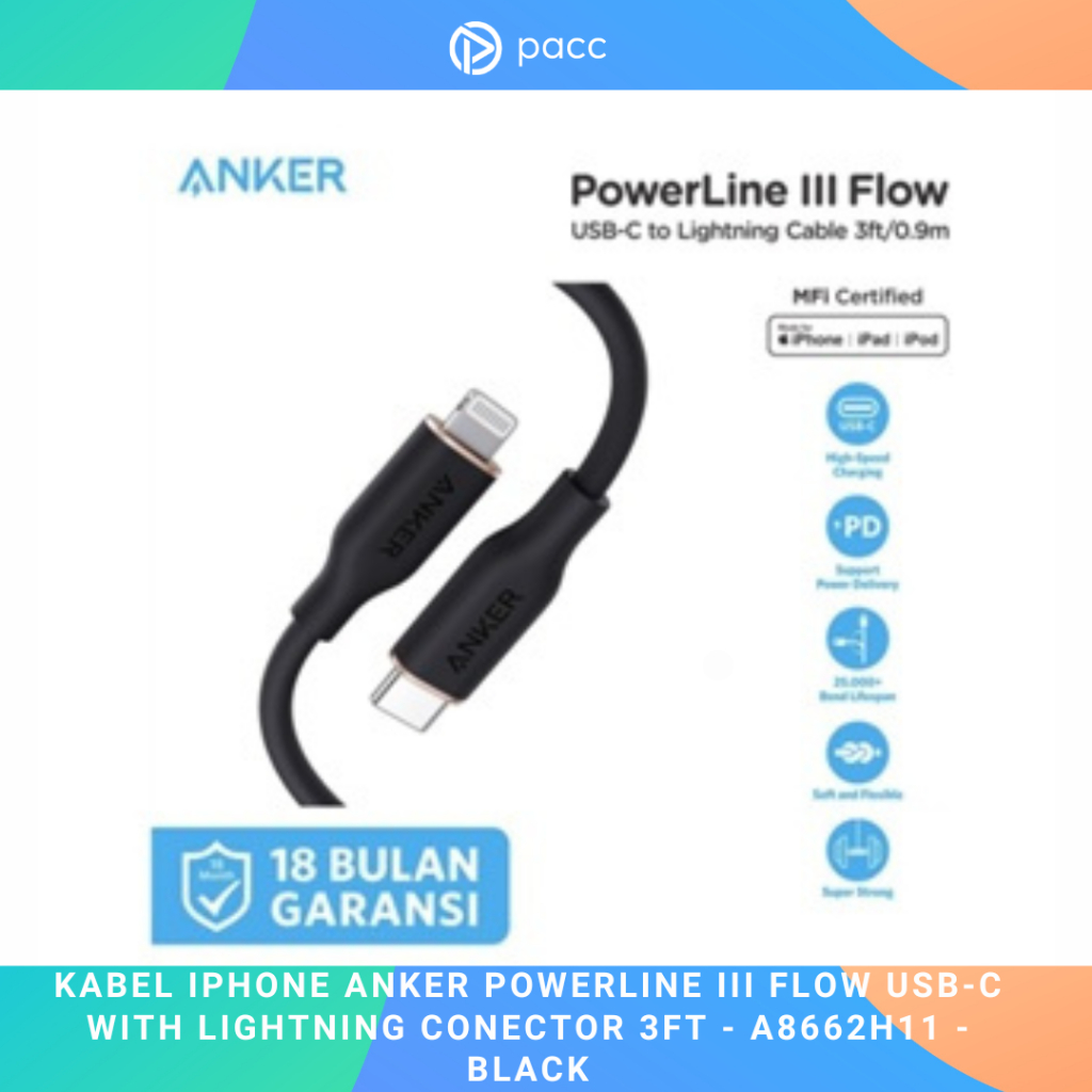 Jual Kabel Iphone Anker PowerLine III Flow Usb-C with Lightning Conector 3ft - A8662H11 - BLACK ...