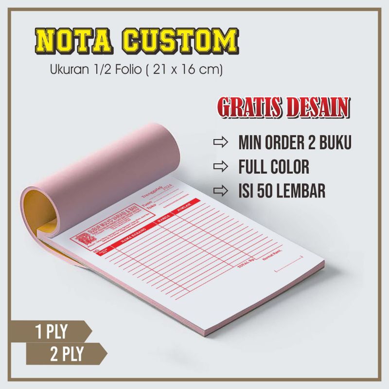 Jual Cetak Nota Custom Murah 1ply / 2ply ukuran 1/2 folio | Shopee ...