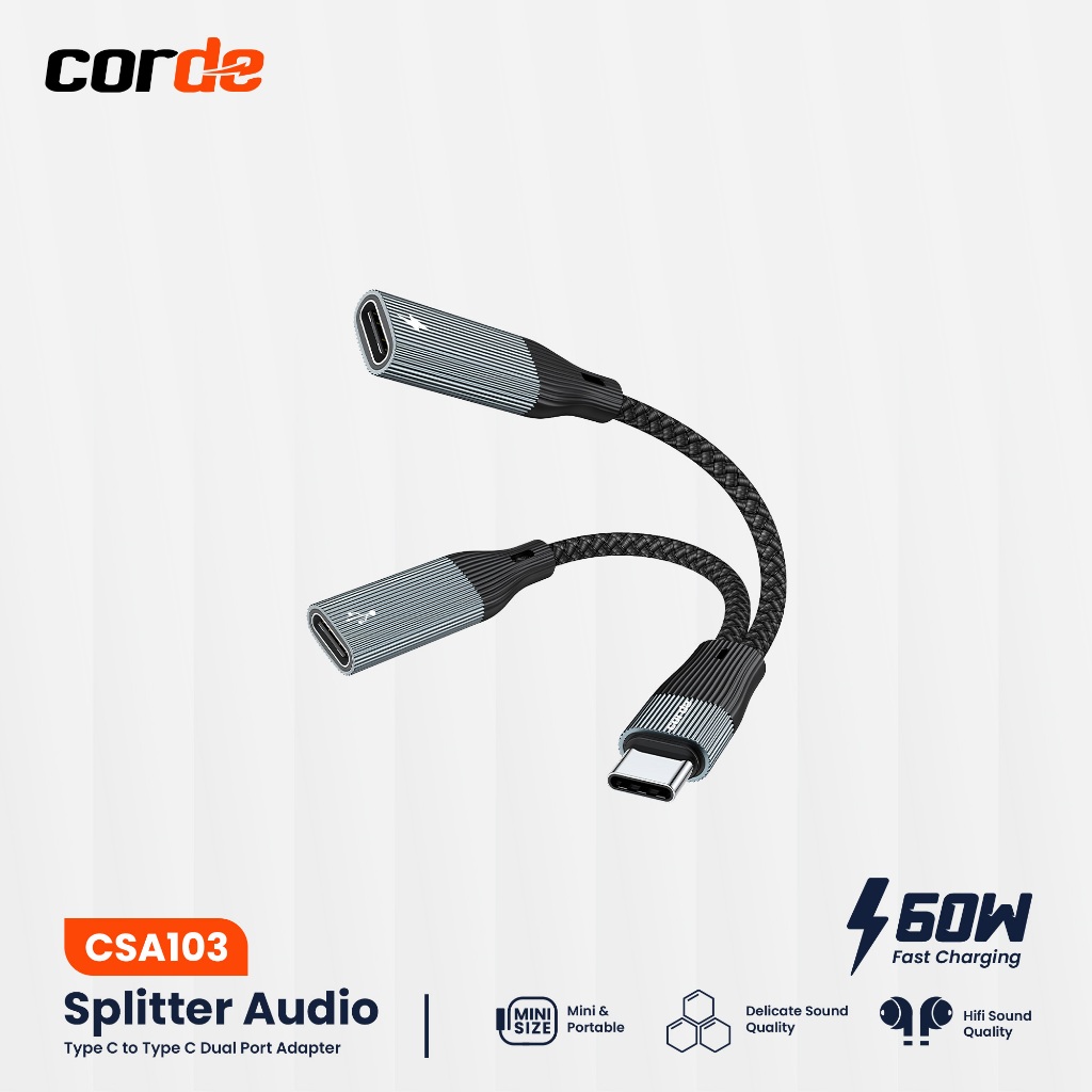 Jual CORDE Type C Audio Splitter & 60W Charger: Dual Type C Splitter ...