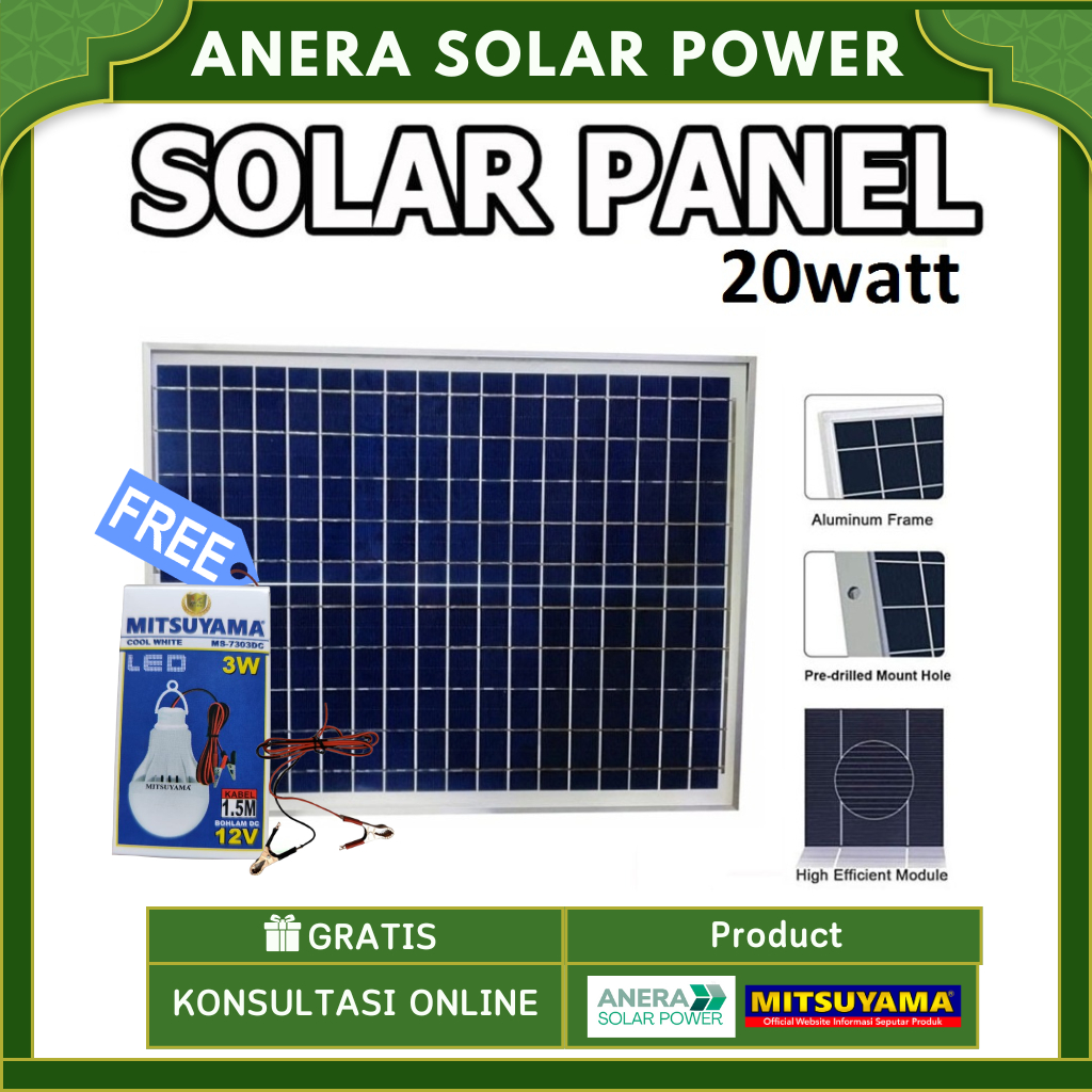 Jual Solar Panel 20wp Polycrystalline + Free Lampu DC 3W Solar Cell ...