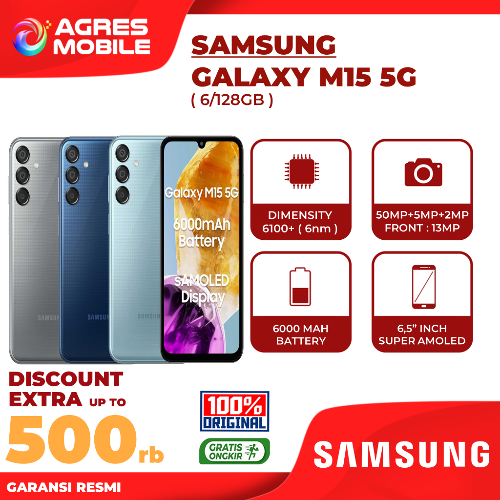 Jual SAMSUNG GALAXY M15 5G 6GB/128GB 6.5" SUPER AMOLED DISPLAY GARANSI ...