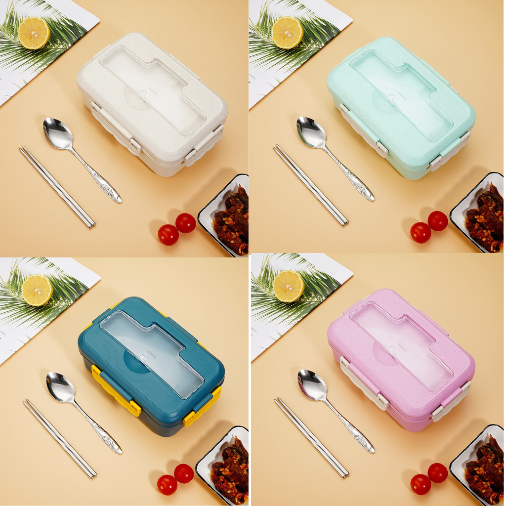 Jual Lunch Box Set Kotak Bekal Makan Jerami Gandum kotak makan 1000ml 4 In 1 Free Sendok Tempat ...