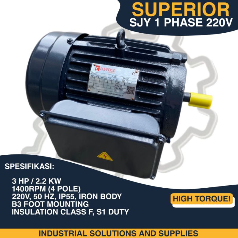 Jual Dinamo Motor Superior SJY 1 Phase 3 HP 1400RPM - Elektro Motor 2.2 KW High Torque B3 Foot ...
