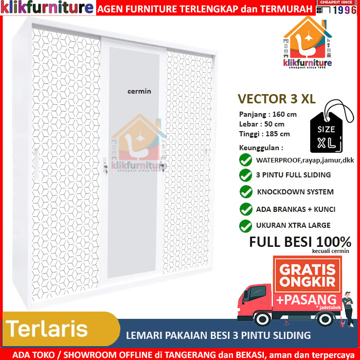 Jual XTRA LARGE Lemari Pakaian Besi 3 Pintu Sliding VECTOR 3P XL ...