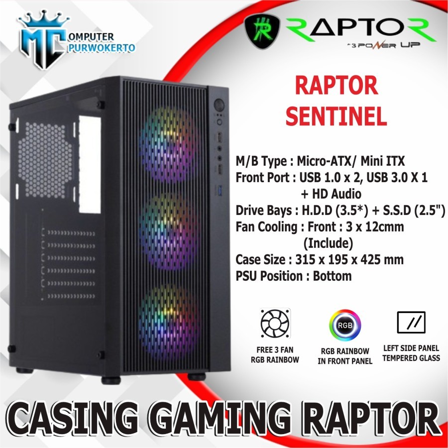 Jual Casing ATX Gaming Tempered Glass Free 3 Fan RGB Case Raptor ...