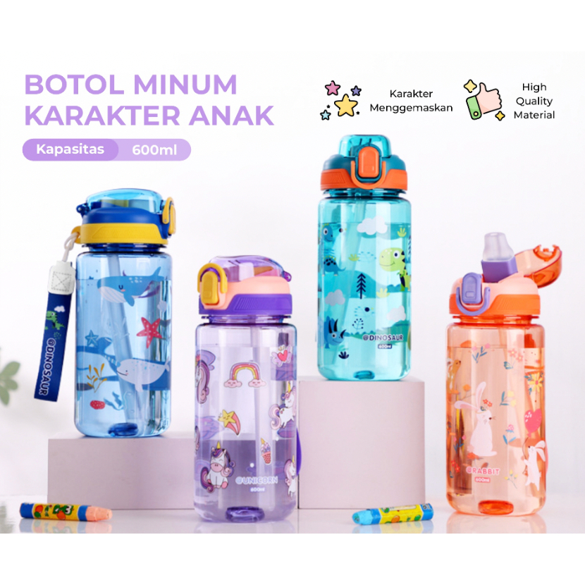 Jual Botol Minum Karakter 600ml Sedotan Anak Sekolah TK SD Kartun Anak Laki laki Perempuan ...