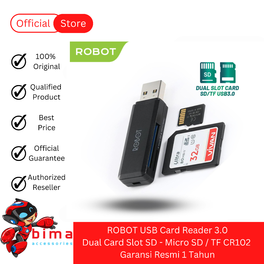 Jual ROBOT USB Card Reader 3.0 Dual Card Slot SD - Micro SD / TF CR102 ...