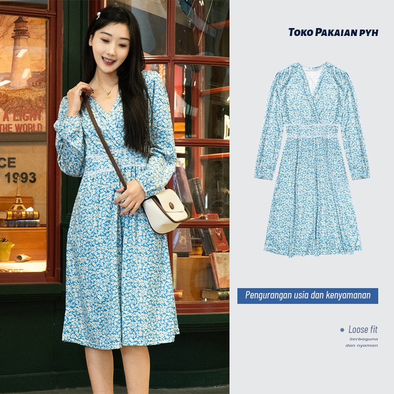 Jual Rok Bunga Gaun Biru Muda Gaun Panjang Wanita Set Gaun Wanita Gaun ...