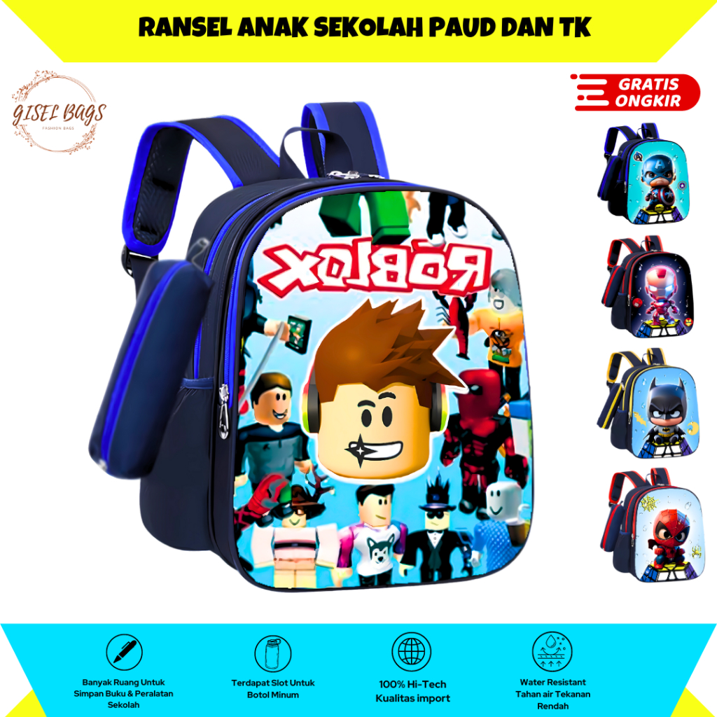 Jual Tas sekolah anak laki laki tk import gambar timbul karakter spider,roblox waterproof ...