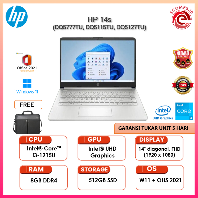Jual HP Laptop 14s-dq5115TU / DQ5127TU i3-1215U SSD 512G 14" FHD IPS ...