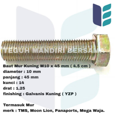 Jual Baut mur kuning m10 x 45 mm kunci 14 harga per pcs | Shopee Indonesia