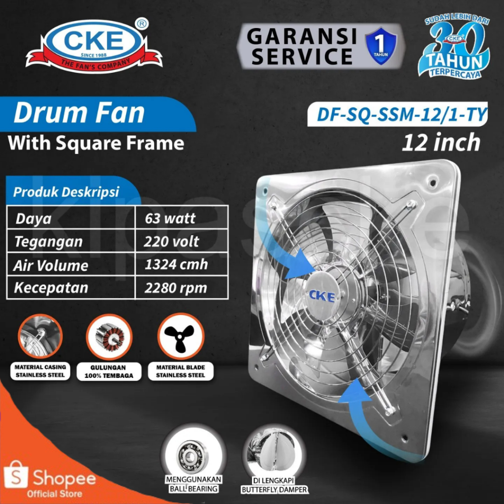 Jual CKE Exhaust Fan Stainless DF-SQ-SSM-12/1-TY ukuran 12 Inch 2280 ...