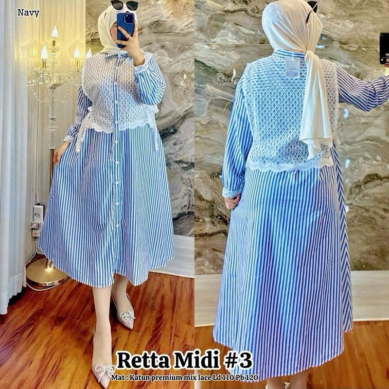 Jual Retta Midi Midi Dress Wanita Model Kekinian Bahan Katun Salur Mix Renda Baju Dress Murah ...