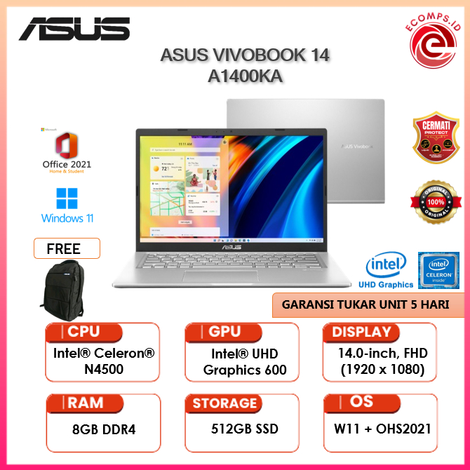 Jual Laptop Asus Vivobook 14 A1400KA N4500 Ram 8GB Ssd 512GB W11+OHS 14 ...