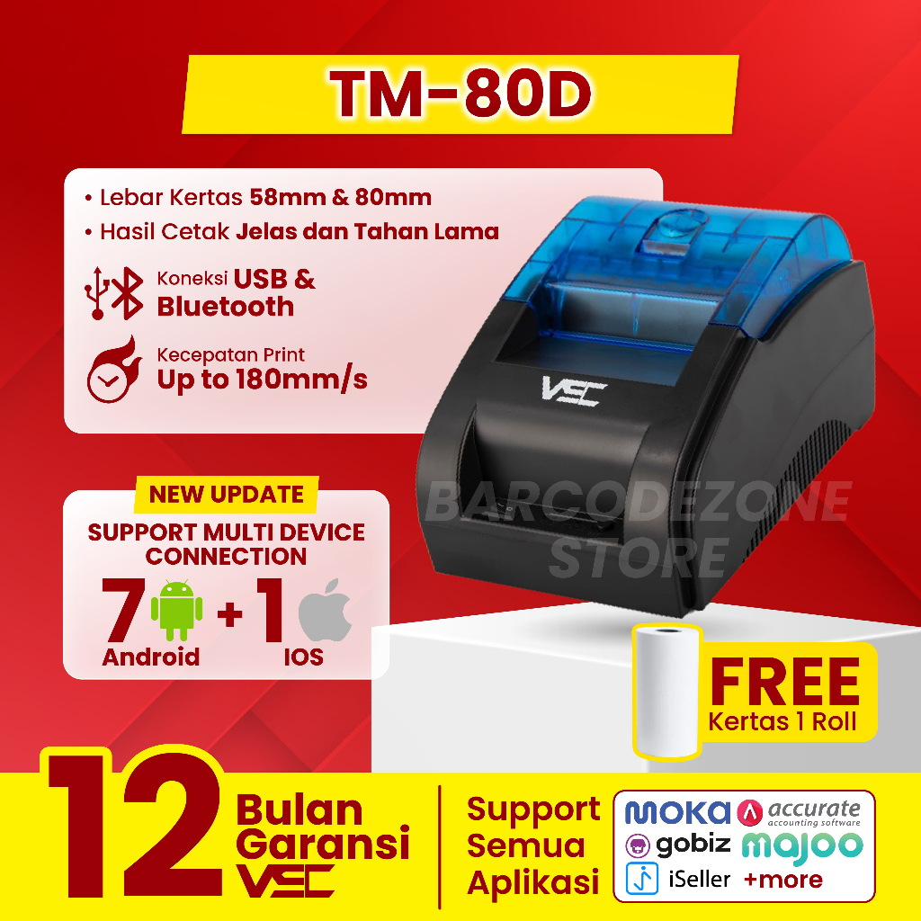 Jual PRINTER KASIR/PPOB THERMAL 80MM VSC TM-80D ANDROID IOS BLUETOOTH RJ 11 | Shopee Indonesia